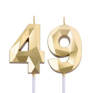 2 inch gold 49 birthday candles, 3d diamond number 49th cake topper for boys girls birthday party decorations theme party