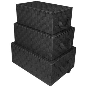 sorbus set of 3 storage baskets for organizing with lid, mesh hand-woven design, linen closet organizers and storage, organizer storage baskets for shelves, variety pack organizers and storage (black)