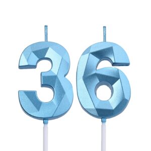 2 inch blue 36 birthday candles, 3d diamond number 36th cake topper for boys girls birthday party decorations theme party