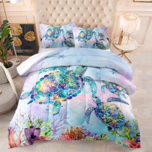 dycolor colorful sea turtle bedding quilt, 3-piece patchwork tortoise sea aquarium marine life comforter set with 1 comforter and 2 pillow cases for kids, teens (07, queen)