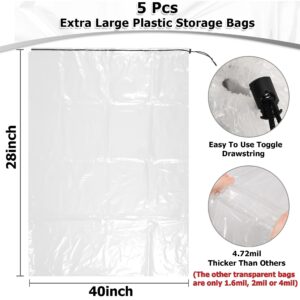 Aoketo 28 x 40 inches Extra Large Clear Drawstring Plastic Storage Bags, Multi-Purpose for Storage and Household Organizing Reusable Bags, Perfect for DustProof, MoistureProof (5 Pack, 4.72 Mil, Flat)