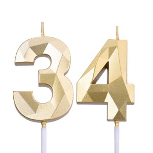 2 inch gold 34 birthday candles, 3d diamond number 34th cake topper for boys girls birthday party decorations theme party