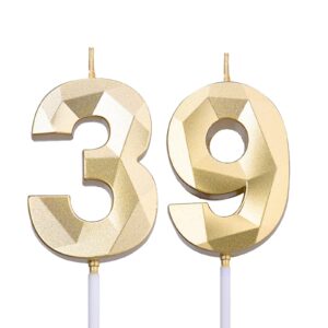 2 inch gold 39 birthday candles, 3d diamond number 39th cake topper for boys girls birthday party decorations theme party