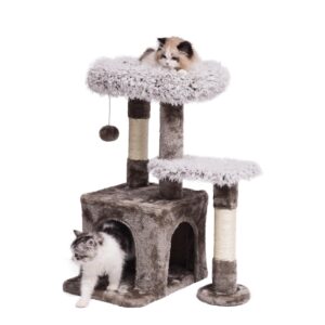 cat tree-cat tower multi-level interactive 26.8 inch small cat tree tower with scratching post for climbing, resting, and claw sharpening sturdy cat furniture-white & gray