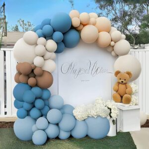 dusty blue brown balloons arch kit, pastel blue blush sand white neutral balloons garland kit for boy baby shower teddy bear boho birthday party decorations