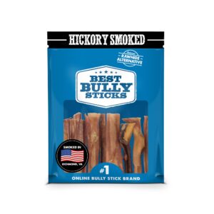 premium hickory smoked 100% natural 4 inch bully sticks for dogs - odor free with smoky aroma - no additives, free-range grass-fed beef, grain-free rawhide-free - mini bully sticks, 10 pack