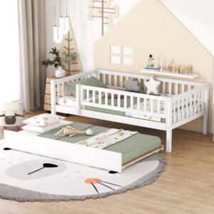 harper & bright designs twin size daybed with trundle, wood kids twin platform bed frame with rails, no box spring needed, easy assembly (white)