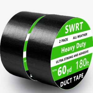 swrt 2inch 180ft/60yd black heavy duty duct tape strong adhesive,2-pack duct tape heavy duty waterproof all weather black duct tape no residue sealing & patching for indoor&outdoor repair