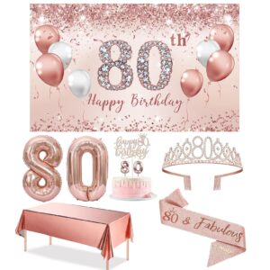 trgowaul 80th birthday decorations party set for women, rose gold 80 birthday banner and tablecloth, 80 & fabulous sash and tiara, 1pc happy 80th birthday cake topper, pink gold 80 number balloons