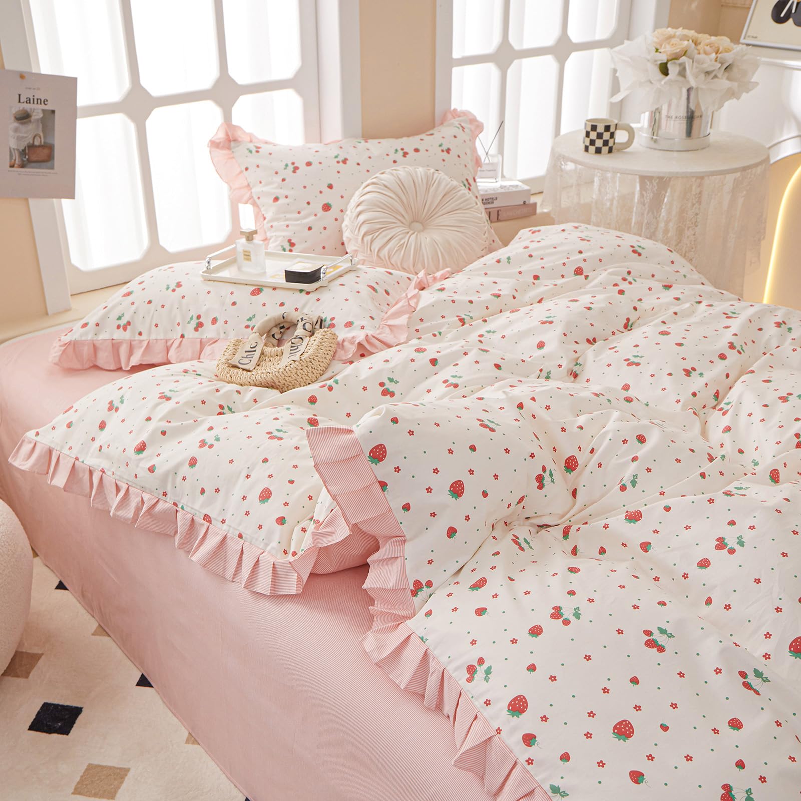 EAVD Kawaii Strawberry Duvet Cover Twin Girls Soft 100% Cotton Cute Ruffle Strawberry Bedding Set with 2 Pillowcases Chic Romantic Strawberry Print Ruffled Comforter Cover with Zipper Closure