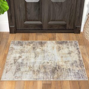 iohouze small abstract area rug 2x3 ft entryway rug washable door mat indoor entrance, non slip throw rug, printed faux wool front door rug for foyer kitchen, beige brown