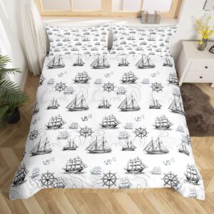 feelyou nautical bedding set full size boat print comforter cover set for kids teens adults ancher pattern duvet cover ocean themed black white bedspread cover room decor 3pcs with 2 pillow case