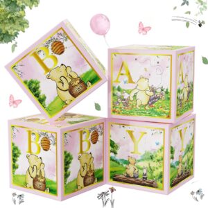 classic winnie baby shower boxes pink for newborn baby girl boy, vintage winnie bear first 1st birthday party decorations the pooh theme box block supplies for kids cake smash photography favor props