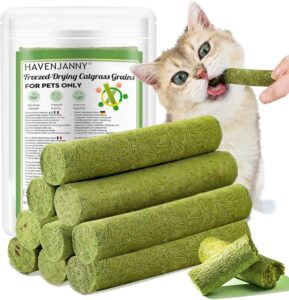 havenjanny 50g cat grass teething stick, freezed drying cat grass sticks snacks for cats, edible cat treats for teeth cleaning and hairball removal