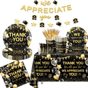 appreciation decorations,black and gold thank you plates and napkins 142pcs thank you for all you do party plates napkin cups tablecloth for we appreciate you party supplies