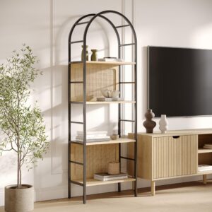 4 tiered arched bookshelf with natural rattan backing - modern home decor - boho rattan bookshelf - arched bookcase - wooden open arched cabinet with shelves - metal and wood bookshelf (light oak)