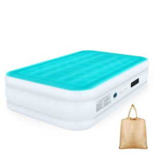 twublk air mattress full airbed inflatable/deflatable 18" built in pump (blue)