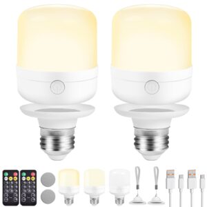 e26 battery-operated rechargeable light bulbs with remote for lamps, sconces, and non-hardwired fixture, 3 color temperatures, timer, detachable charging – 2 pack