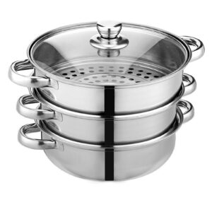 steamer pot for cooking 11 inch steamer pot, 3-tier multipurpose 18/8 stainless steel steam pot cookware with lid for vegetable, dumpling, stock, sauce, food