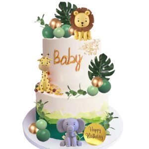 25 pcs safari animal cake toppers jungle wild cake decorations with green balls plam leaves for wild animals themed birthday baby shower party supplies