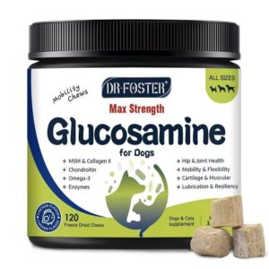 glucosamine for dogs, hip and joint supplement for dogs with chicken flavor, anti inflammatory, dog's chondroitin, digestive enzymes, omega-3, vitamin d, msm, calcium, turmeric, 120 freeze-dried chews