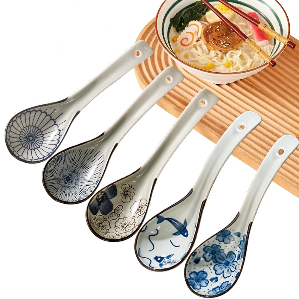 Raelitego 5pcs Asian Soup Spoon, Ceramic Chinese Soup Spoons, Deep Oval Hook Non-slip Japanese Spoons for Rice Ramen Pho Miso Soup Wonton Noodle, Luck and Prosperity Gifts for Friends Parents Family