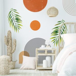 vepret boho mid-century modern wall decals peel and stick, large archs sun vinyl wall stickers, removable leaves plants home decor art for bedroom living room classroom office