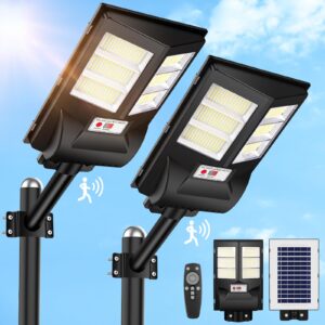 2 pack solar street lights outdoor waterproof,6500k 80000lm 756 led beads dusk to dawn solar flood light,solar street lights wide angle with motion sensor and remote control for parking lot,garage