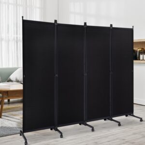 room divider folding privacy screens with wheels, 6ft tall divider for room separation, movable room partitons and dividers, indoor room dividers panel with fabric for office (black, 4 panel-88‘’)