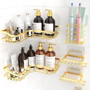 hsiohe gold corner shower caddy, adhesive shower organizer for bathroom storage, rustproof stainless steel shower shelves, no drilling, space-saving shower rack shelf for inside shower 5 pack