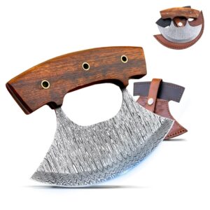 damascus ulu knife with leather sheath- authentic damascus steel multipurpose kitchen tool for chopping, slicing, and dicing