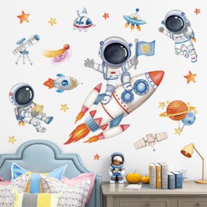 wondever rocket astronaut wall stickers universe space planet outer space peel and stick wall art decals for baby nursery kids bedroom playroom