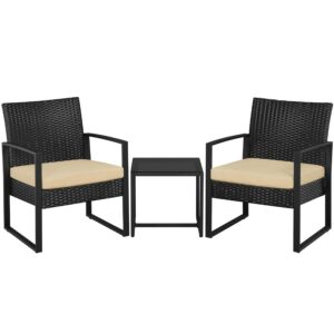 yaheetech 3-piece patio furniture set, rattan wicker outdoor chairs set of 2 w/coffee table - pe rattan chair balcony conversation set for yard/bistro/garden/house/porch, black/khaki