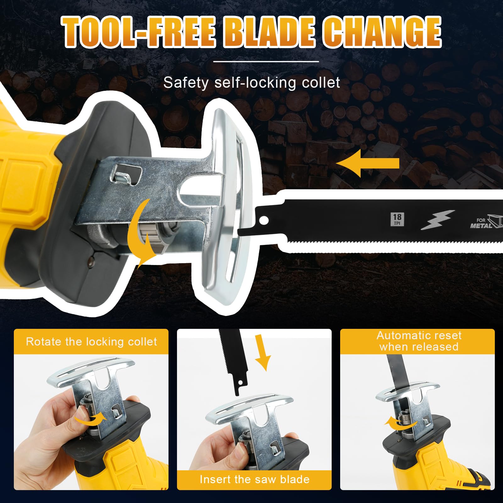 Cordless Reciprocating Saw,Compatible with DeWalt 20V MAX Battery,0-3000SPM Variable Speed, Brushless Recipro Saw,4 Saw Blades, Power Reciprocating Saws for Wood/Metal/PVC Cutting（Battery not include）