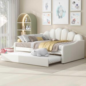 bellemave full daybed with trundle, sofa bed full, daybed with trundle for adults, kids, girls, teens, daybed with trundle for living room, velvet, beige