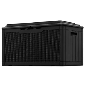 greesum 100 gallon resin deck box large outdoor storage with cushions for patio furniture, garden tools, pool supplies, weatherproof and uv resistant, lockable, black