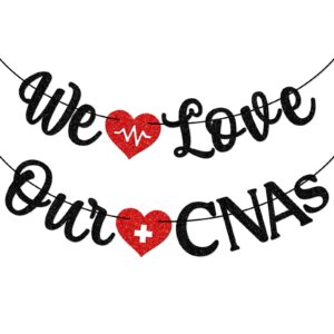 firefairy we love our cnas banner, cna appreciation banner, happy cna week party decor, thank you cnas party decor, nursing assistant week banner, black and red glitter