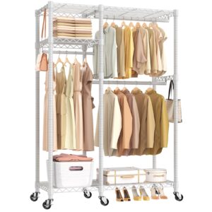 memobarco clothing racks with wheels for hanging clothes with shelves, closet organizers and storage metal heavy duty,rolling wardrobe garment-rack metal wire shelving freestanding, white