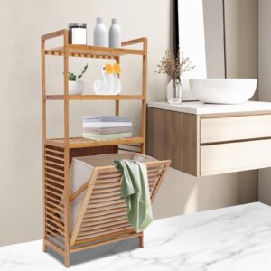 Laundry Basket Bamboo Bathroom Cabinet, Laundry Basket Tilted Out Linen Basket Bamboo Freestanding Laundry Basket, 4-Tier Shower Shower Rack, Bathroom Living Room Bedroom Storage Laundry Rack