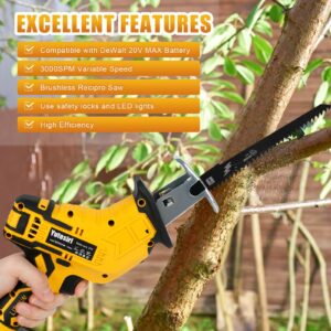 Cordless Reciprocating Saw,Compatible with DeWalt 20V MAX Battery,0-3000SPM Variable Speed, Brushless Recipro Saw,4 Saw Blades, Power Reciprocating Saws for Wood/Metal/PVC Cutting（Battery not include）