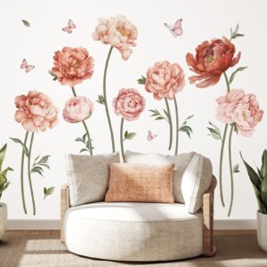 wondever pink peony rose flower wall stickers boho floral peel and stick wall art decals for girls bedroom living room tv wall