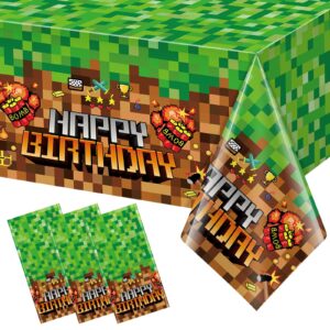 hallswl 3pcs pixel theme tablecloth birthday party decorations, miner game plastic table cloth disposable rectangle table cover for video game party supplies, 54 x 108 inch