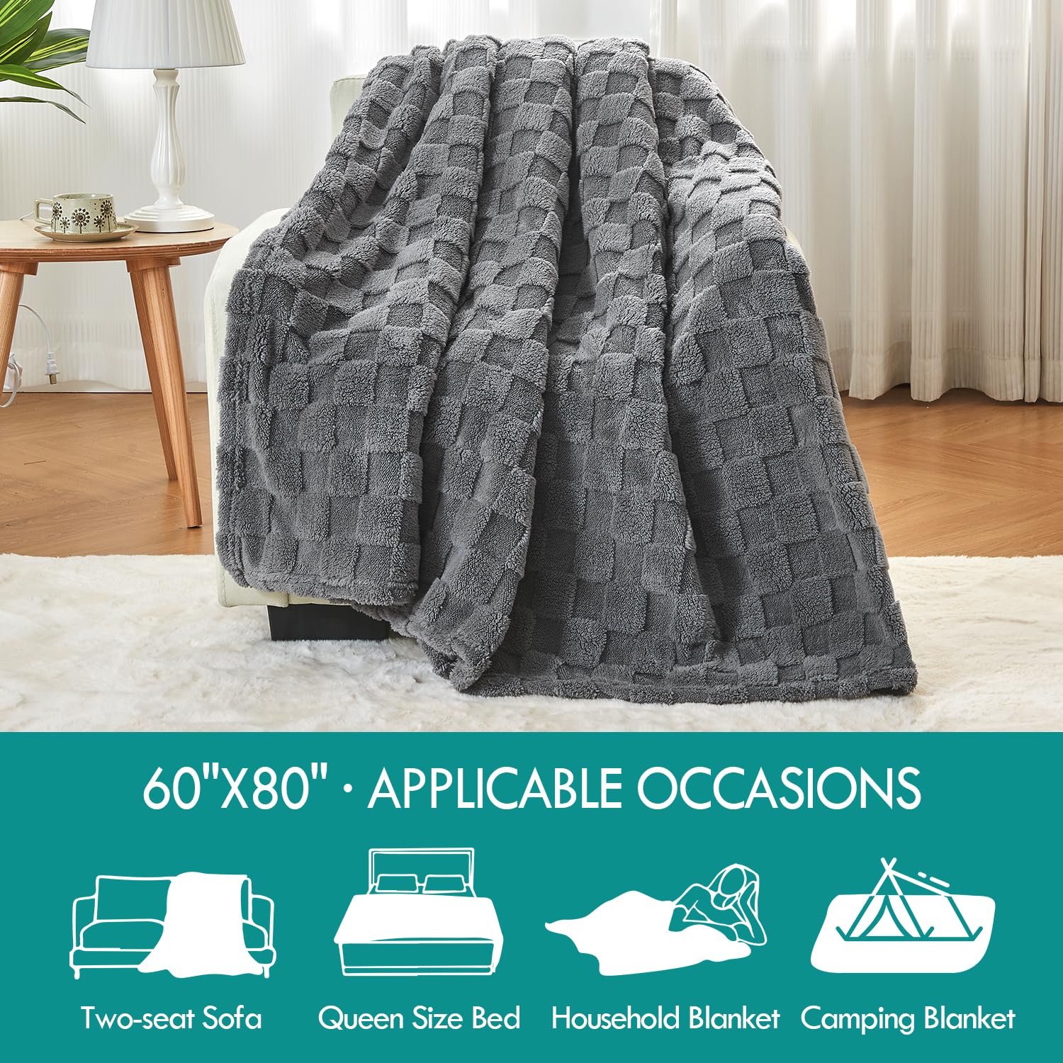 Kaisa Twin Blankets Throw 60"x80", Ultra Soft Cozy Bed Blankets for Couch Sofa Bed, 3D Checkered Blankets for Home Decor, Breathable Warm Lightweight Fall Blankets, Gifts for Girl Woman, Gray