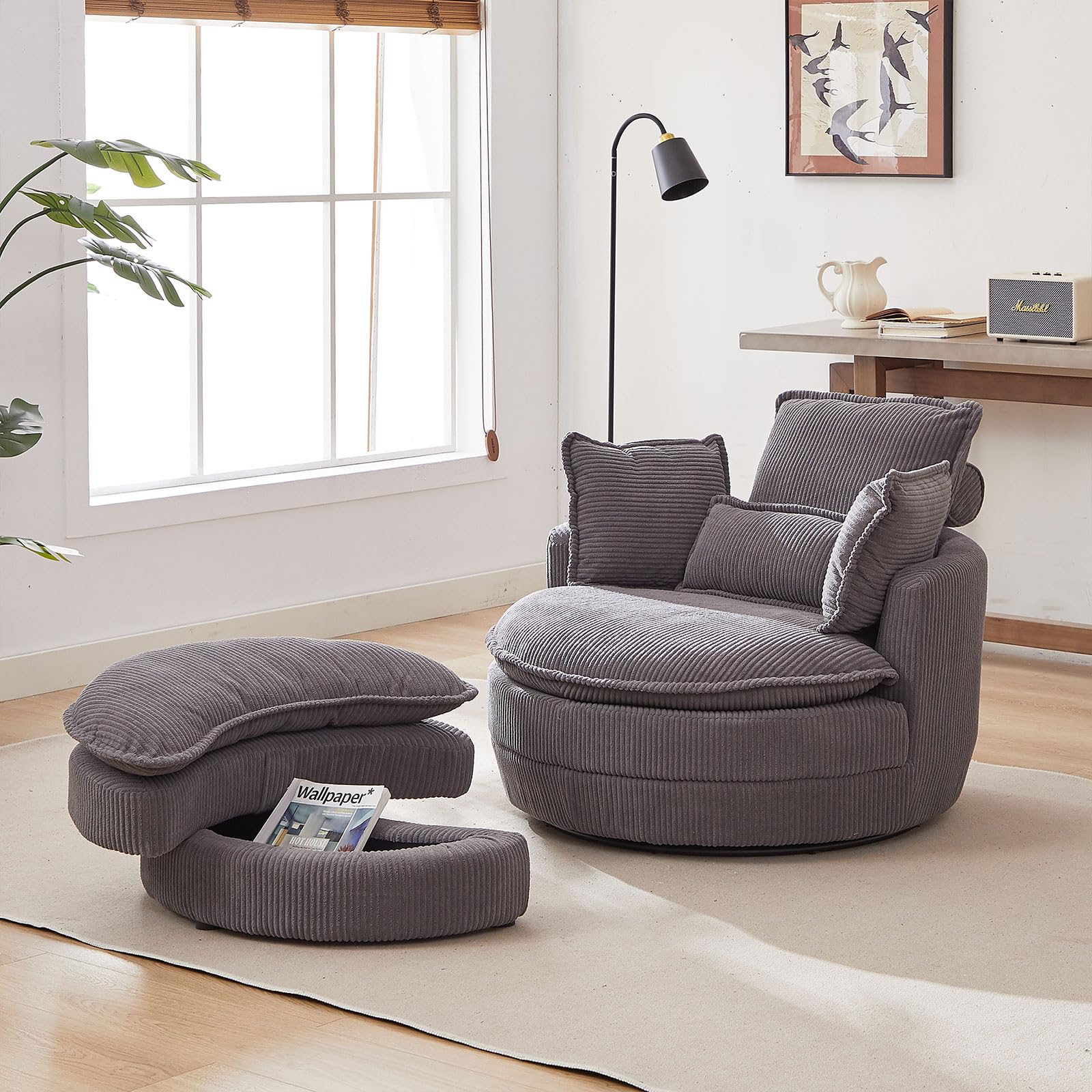 38"W Oversized Cuddle Sofa Chair Lounger with moon storage ottoman, Modern Accent Round Loveseat Circle Swivel Barrel Chairs, Swivel Chair Armchair for Bedroom, Living Room, 4 Pillows, CORDUROY(Grey)