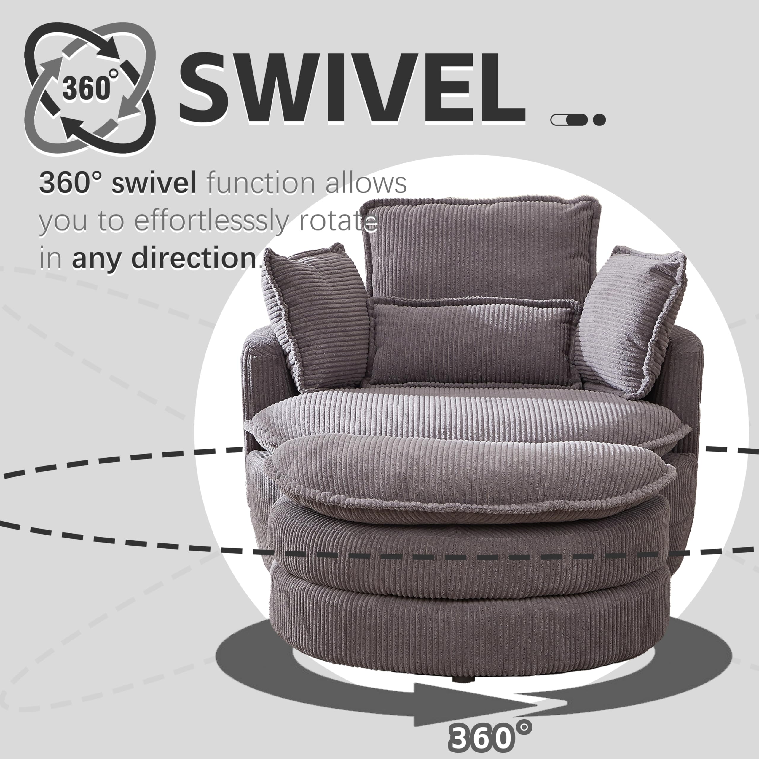 38"W Oversized Cuddle Sofa Chair Lounger with moon storage ottoman, Modern Accent Round Loveseat Circle Swivel Barrel Chairs, Swivel Chair Armchair for Bedroom, Living Room, 4 Pillows, CORDUROY(Grey)