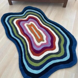 restoration and renovation irregular shaped handmade wool rug | modern colourful stripe premium area rug perfect for home decor (blue multi, 3' x 5')