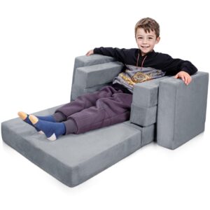 dreamania kids play couch for toddlers 1-3, 2024 3in1 soft kids sofa chair fold out, convertible sofa to sleeper for girls & boys, grey