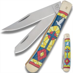 kissing crane stained glass trapper pocket knife | european cathedral-inspired artwork | stainless steel blades | blue bone handle scales | 3d printed | clip point and spey blade | closed length 4"