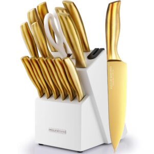 zulay 15 piece stainless steel knife set with block and sharpener - sharp knife block set with built in sharpener - kitchen knife set with block - rust proof knife set stainless steel