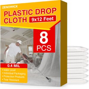 8 pack plastic drop cloth, 9x12 ft plastic sheeting for painting, dust-proof tear-resistant painters plastic tarp cloth for furniture floor sofa protector cover durable & thick